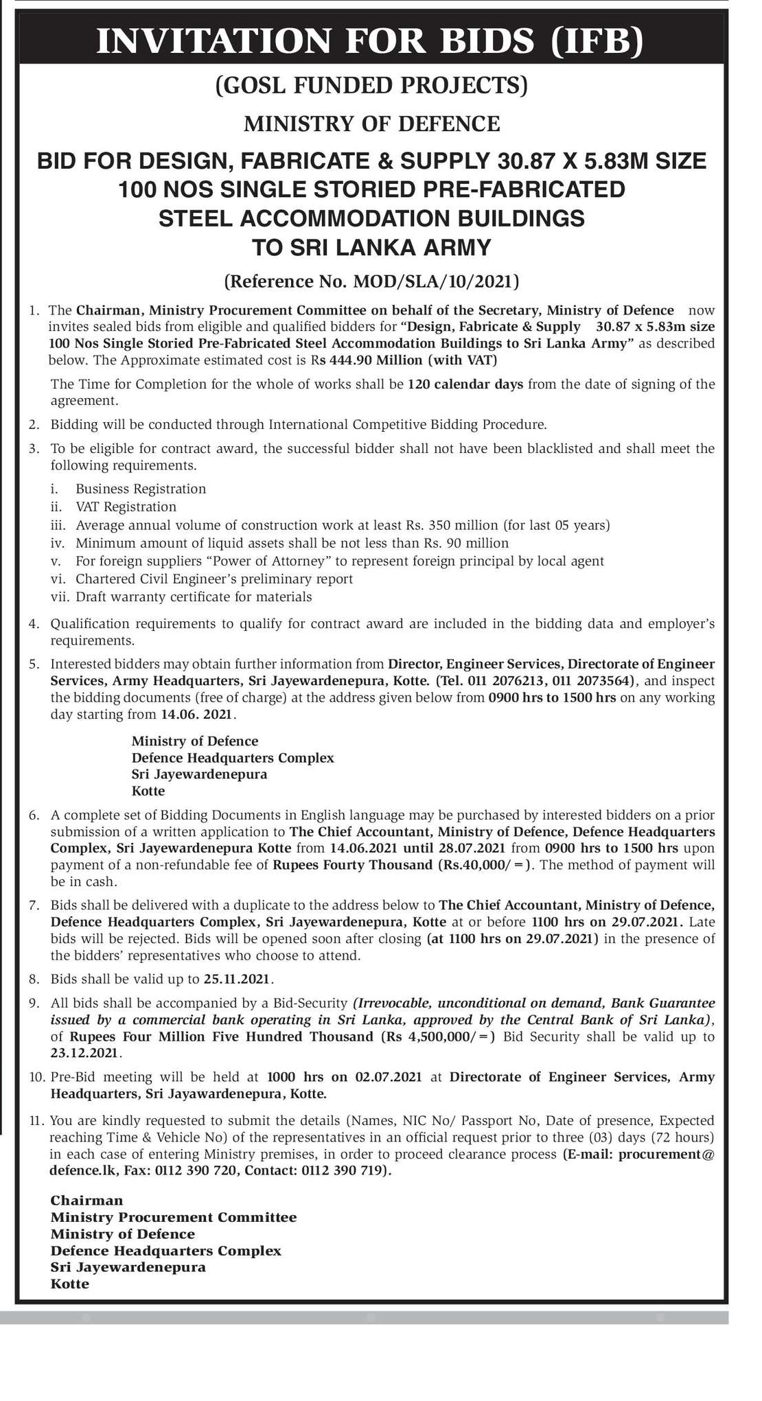 Bid Notice -Army – High Commission of Sri Lanka in Pakistan