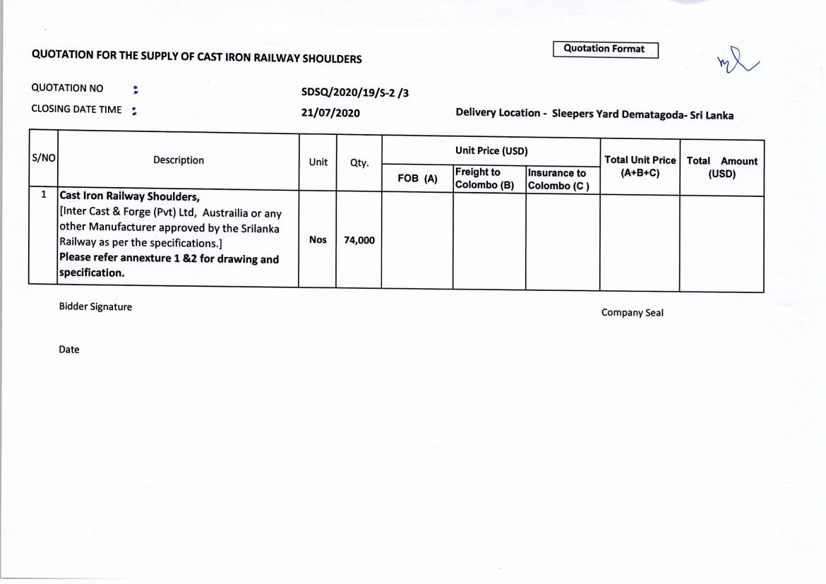 Price schedule format – High Commission of Sri Lanka in Pakistan